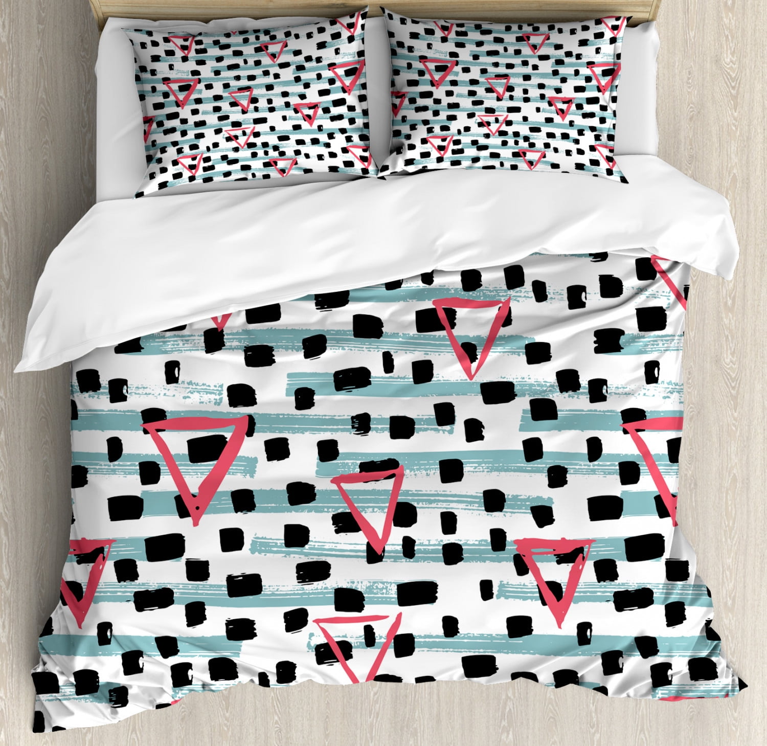 Geometric Duvet Cover Set, Paint Brush Effect Backdrop with Black Dots ...