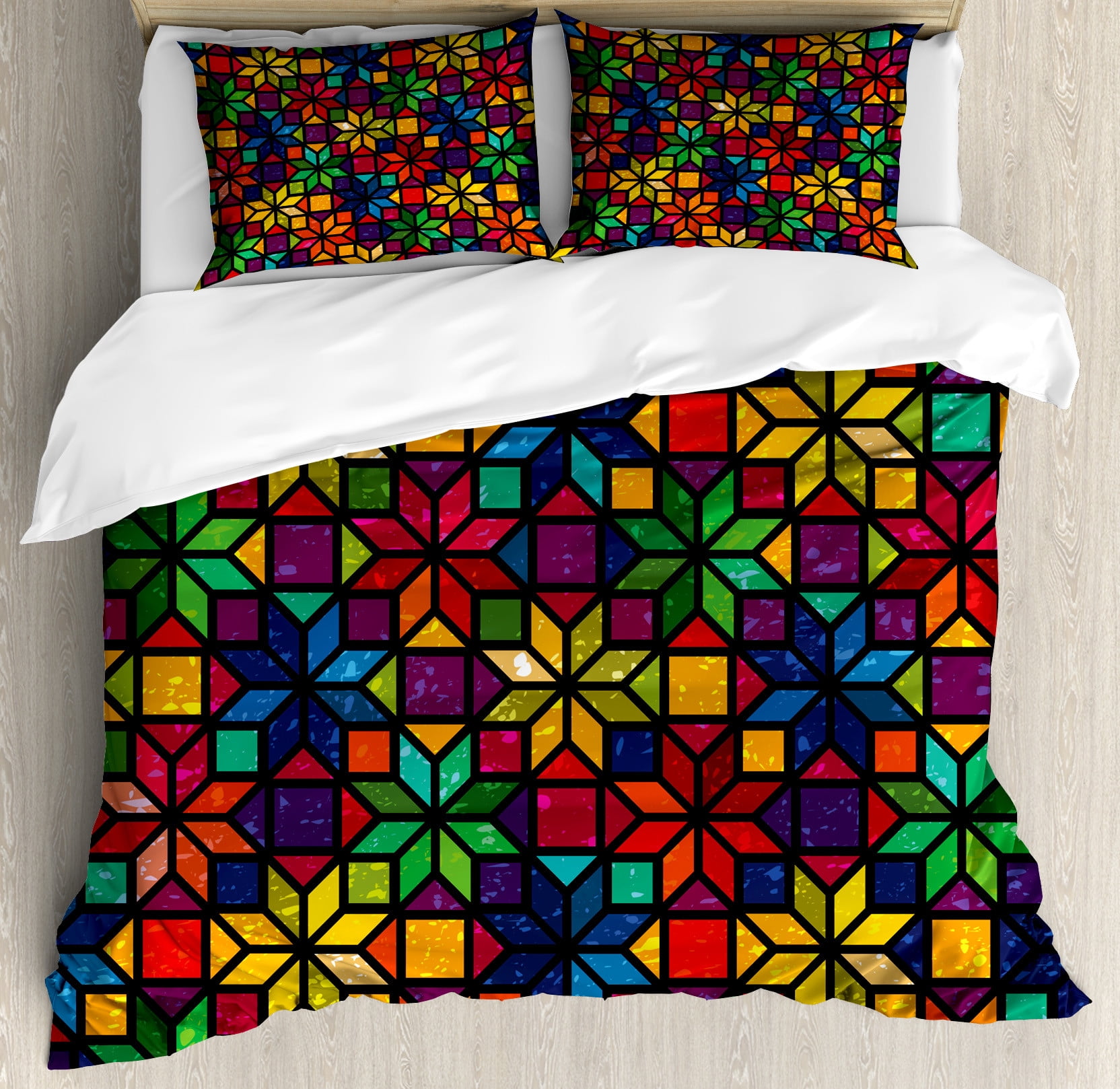 Geometric Duvet Cover Set, Windows Glass Inspired Rainbow Colored Image ...