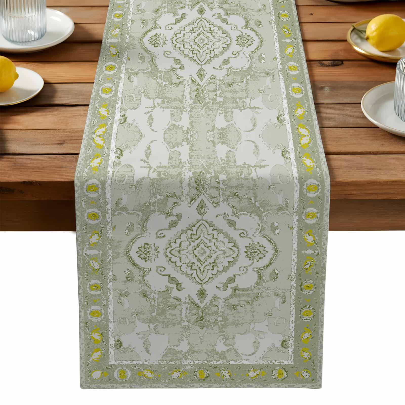 Geometric Ethnic Sage Green Artwork Table Runner-70 Inch Long Abstract ...