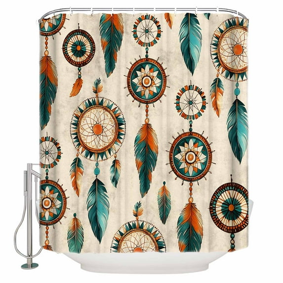 Geometric Feathers Bathroom Shower Curtains with 12 Hooks Polyester ...