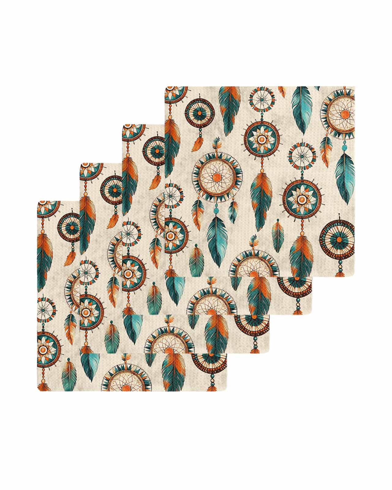 Geometric Feathers Kitchen Dish Towels for Drying Dishes Set of 4, Boho Ethnic Retro Country ...