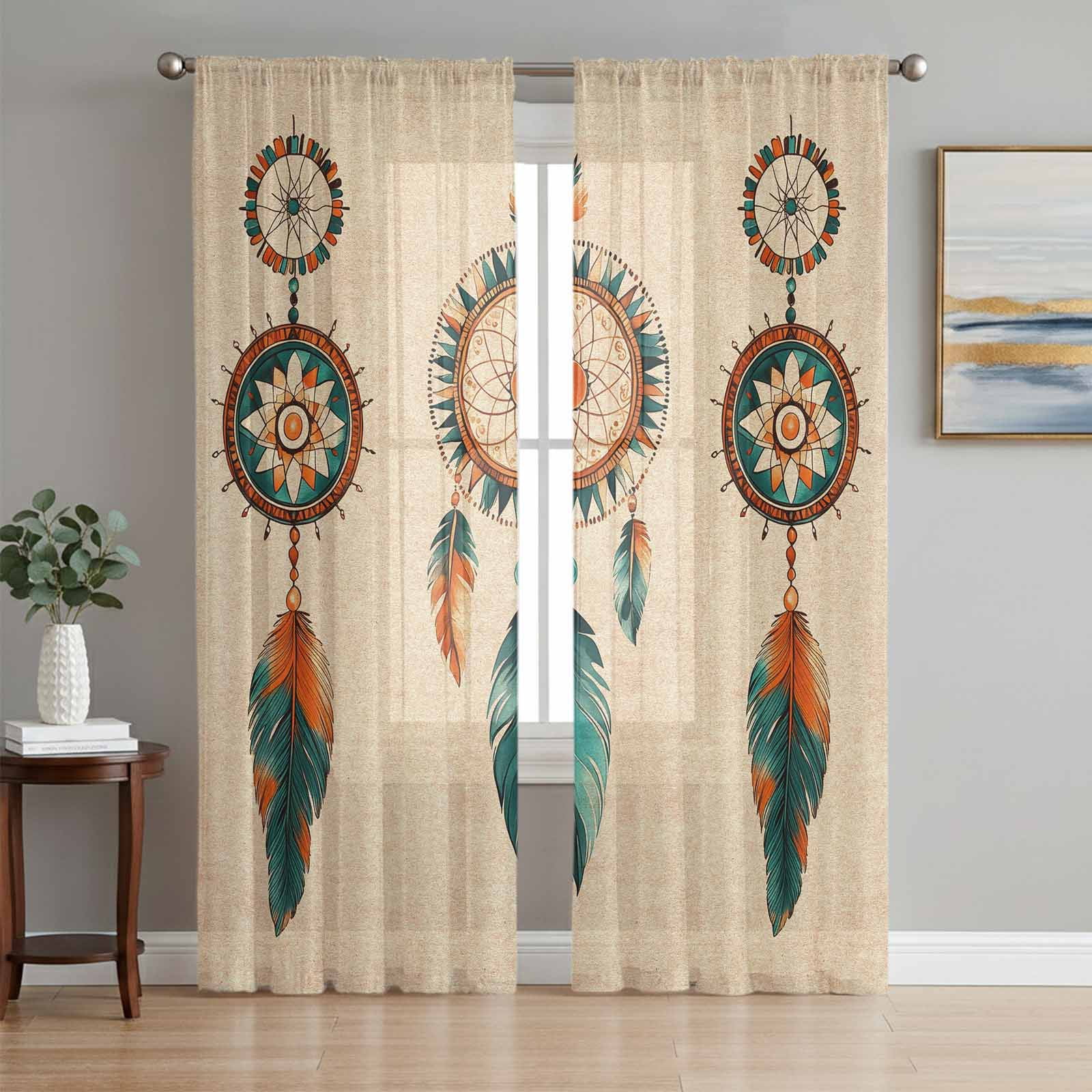 Geometric Feathers Sheer Curtains 96 Inch Length 2 Panels Set, Retro ...