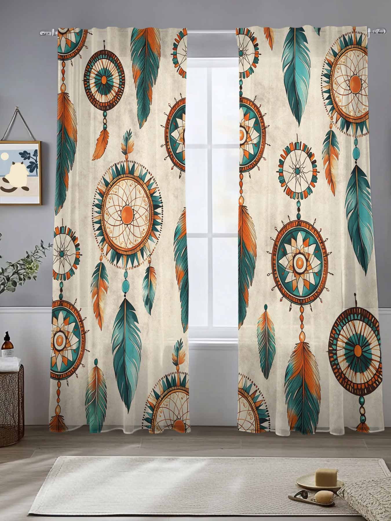 Geometric Feathers Sheer Curtains for Living Room Bedroom Boho Ethnic ...