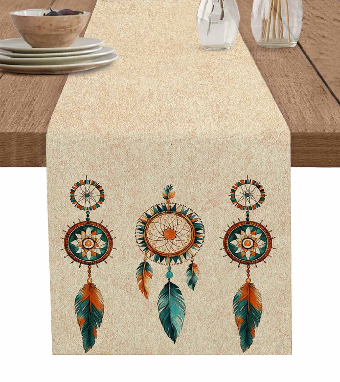 Geometric Feathers Table Runner Cotton Linen 36 Inch Holiday Dresser ...