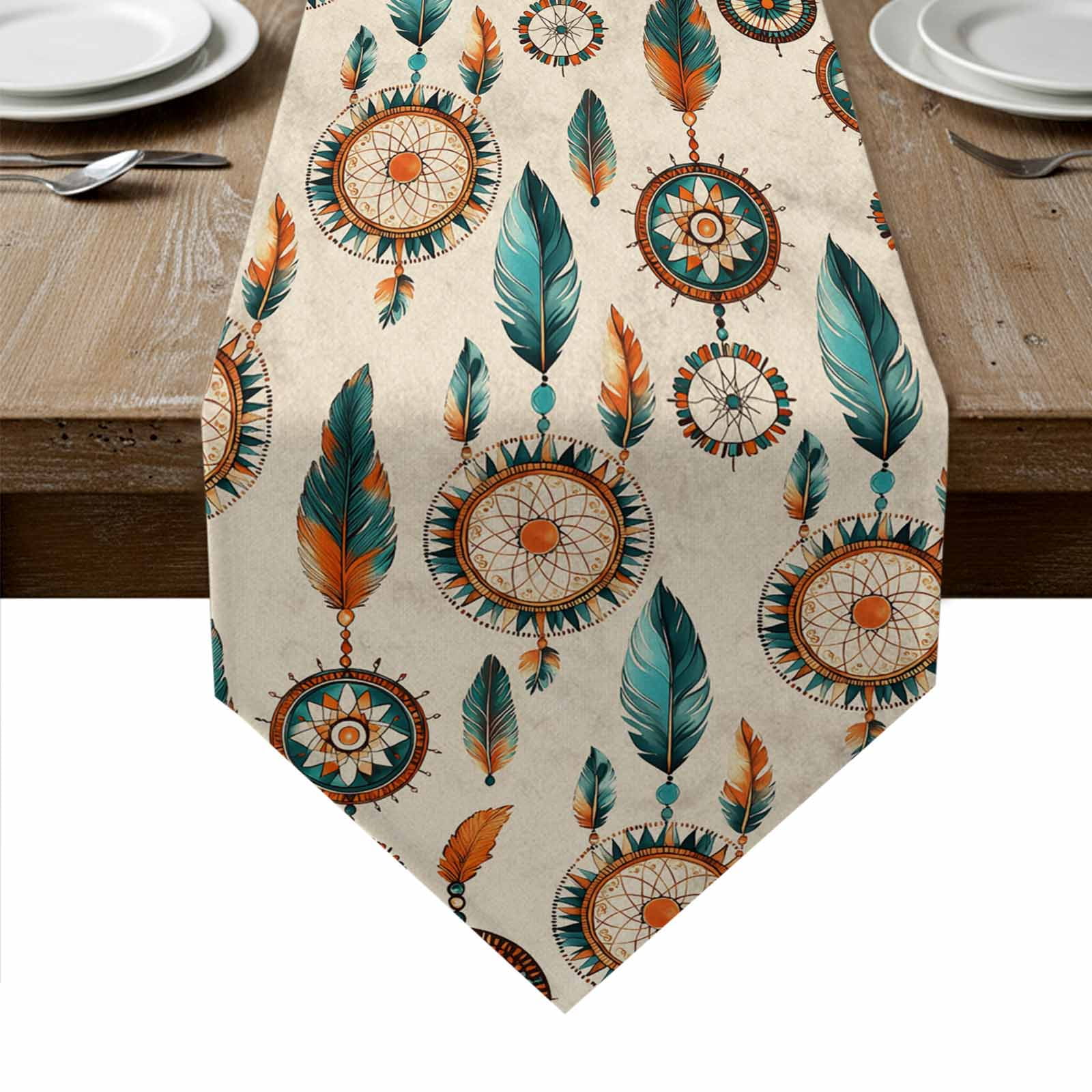 Geometric Feathers Table Runner Linen Burlap Table Runner 120 Inches ...
