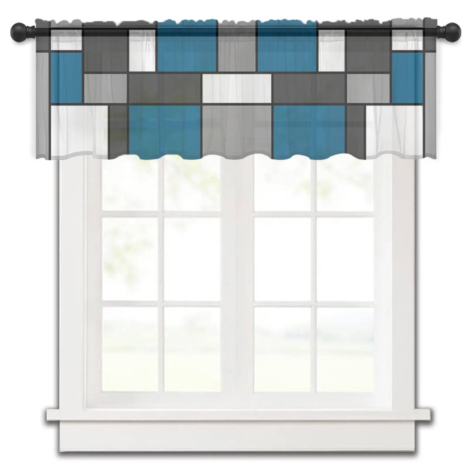 Geometric Figures Blue Abstract Rod Pocket Short Curtain Half-Curtain ...