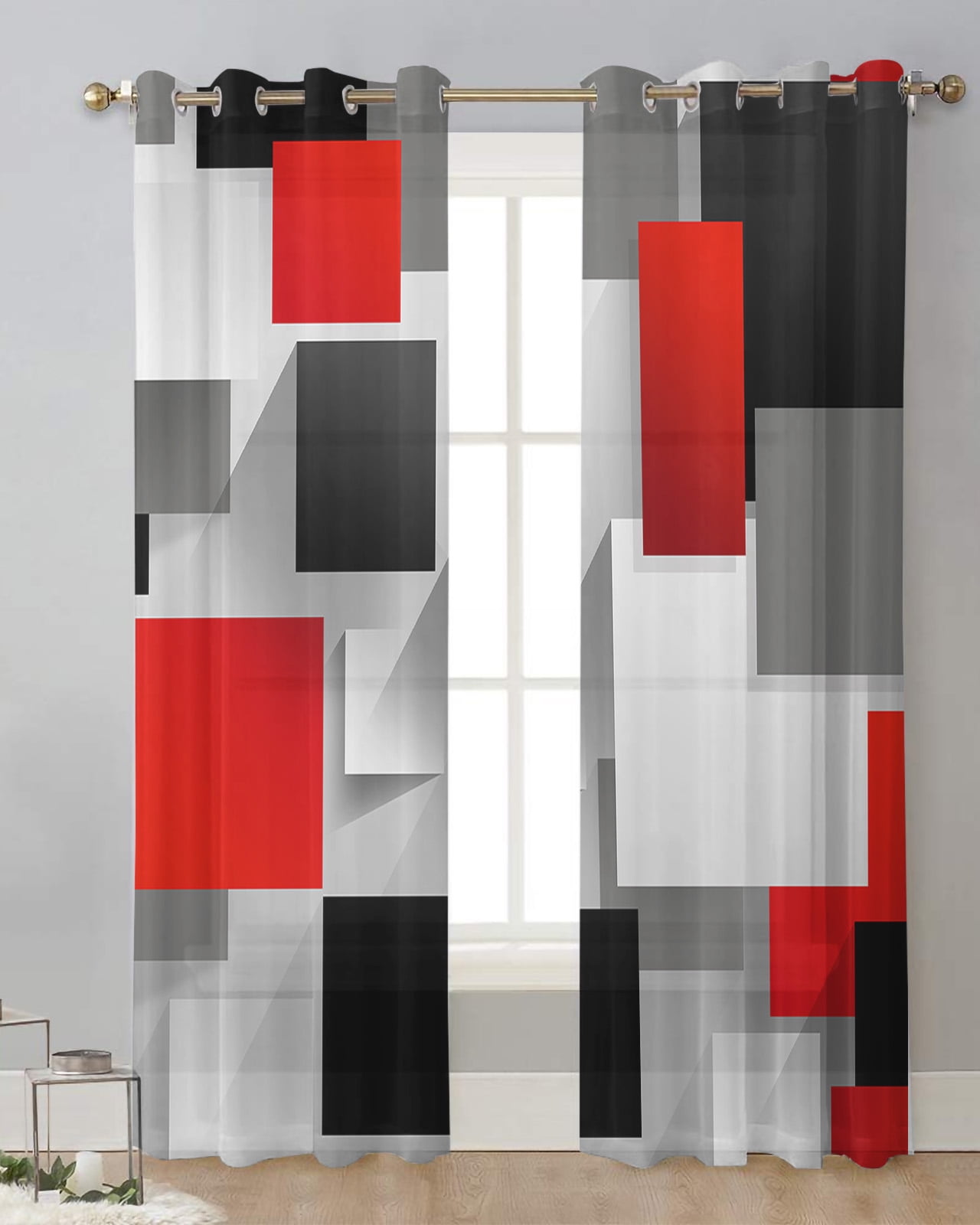 Geometric Figures Orange Grey Black Tulle Drapes Living Room Bedroom ...
