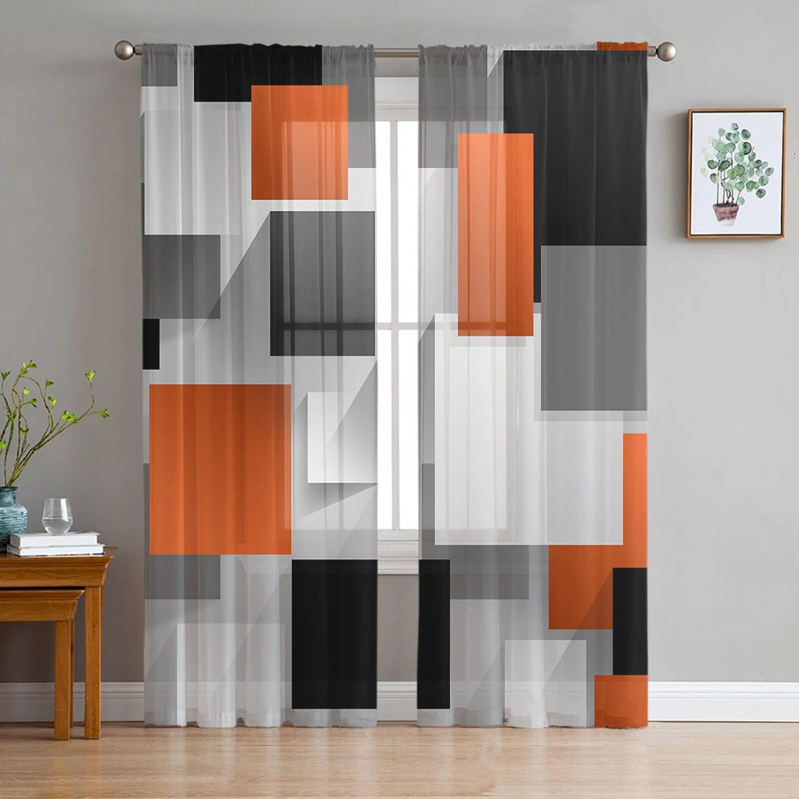 Geometric Figures Orange Grey Black Tulle Voile Curtains For Bedroom ...