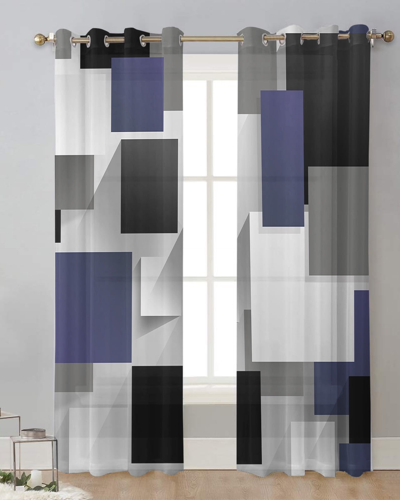 Geometric Figures Red Black Grey Abstract Tulle Drapes Living Room ...