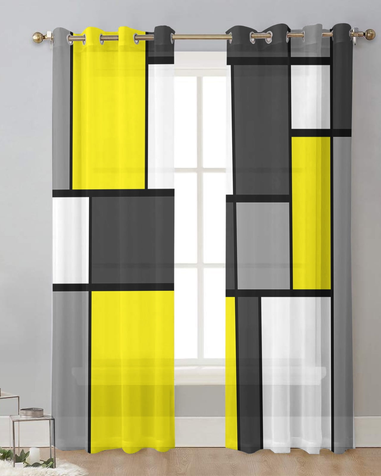 Geometric Figures Red Black Grey Abstract Tulle Drapes Living Room ...