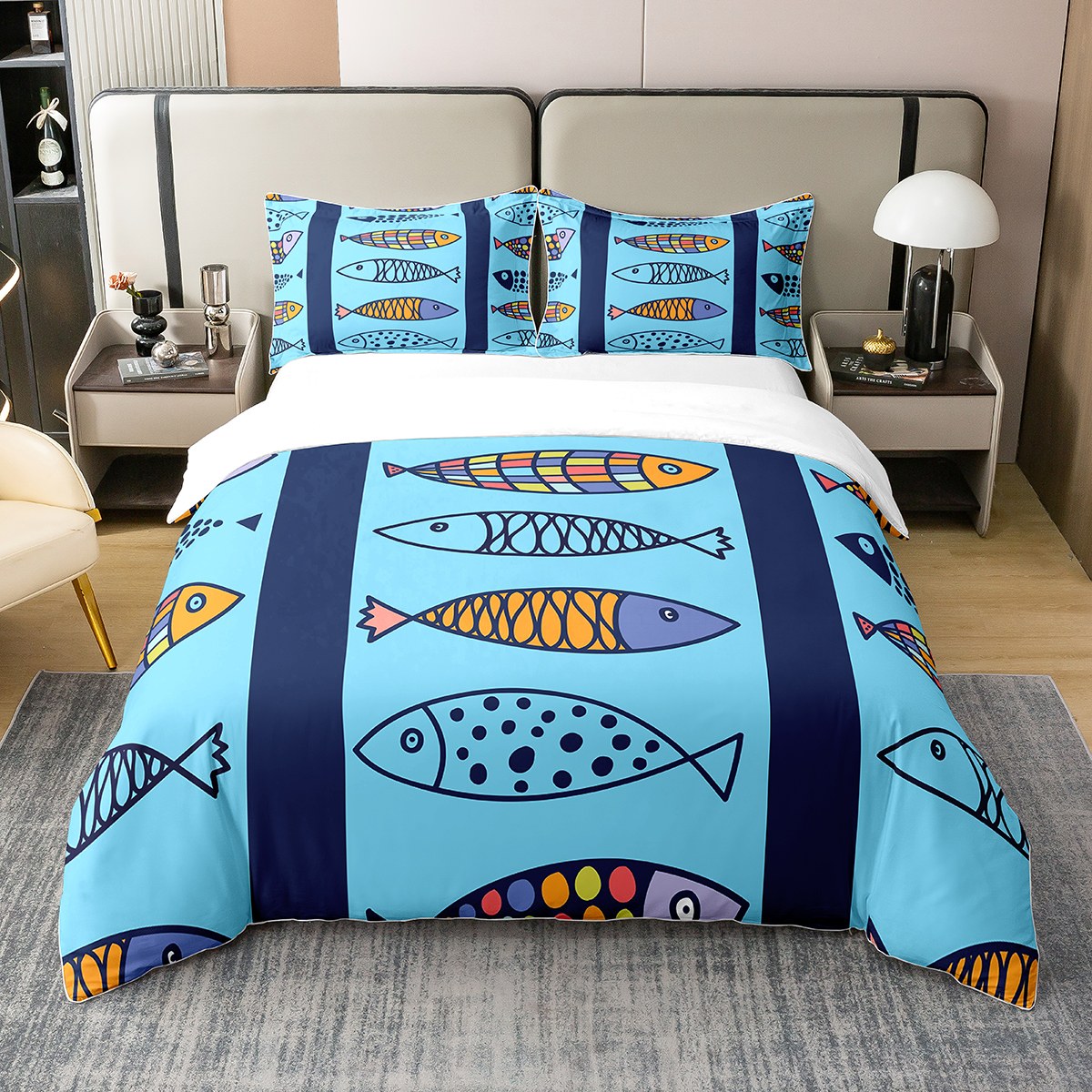 Geometric Fishes 100% Cotton Duvet Cover Queen, Marine Life Comforter ...