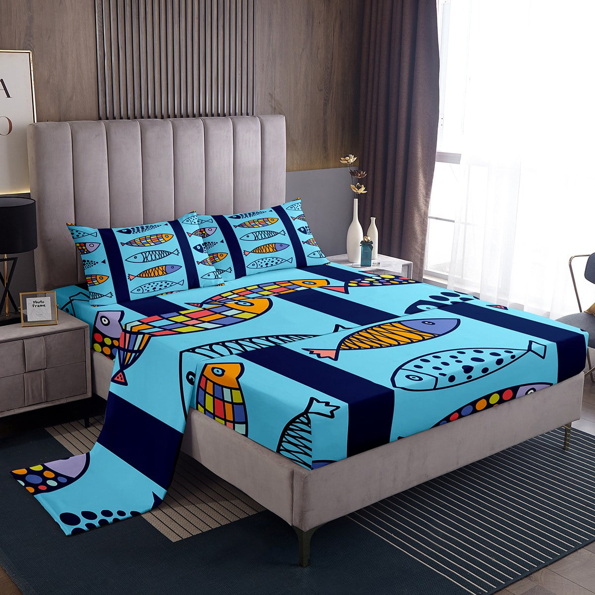 Geometric Fishes Bed Sheets Set Twin 3 Piece, Marine Life Sheet Set ...