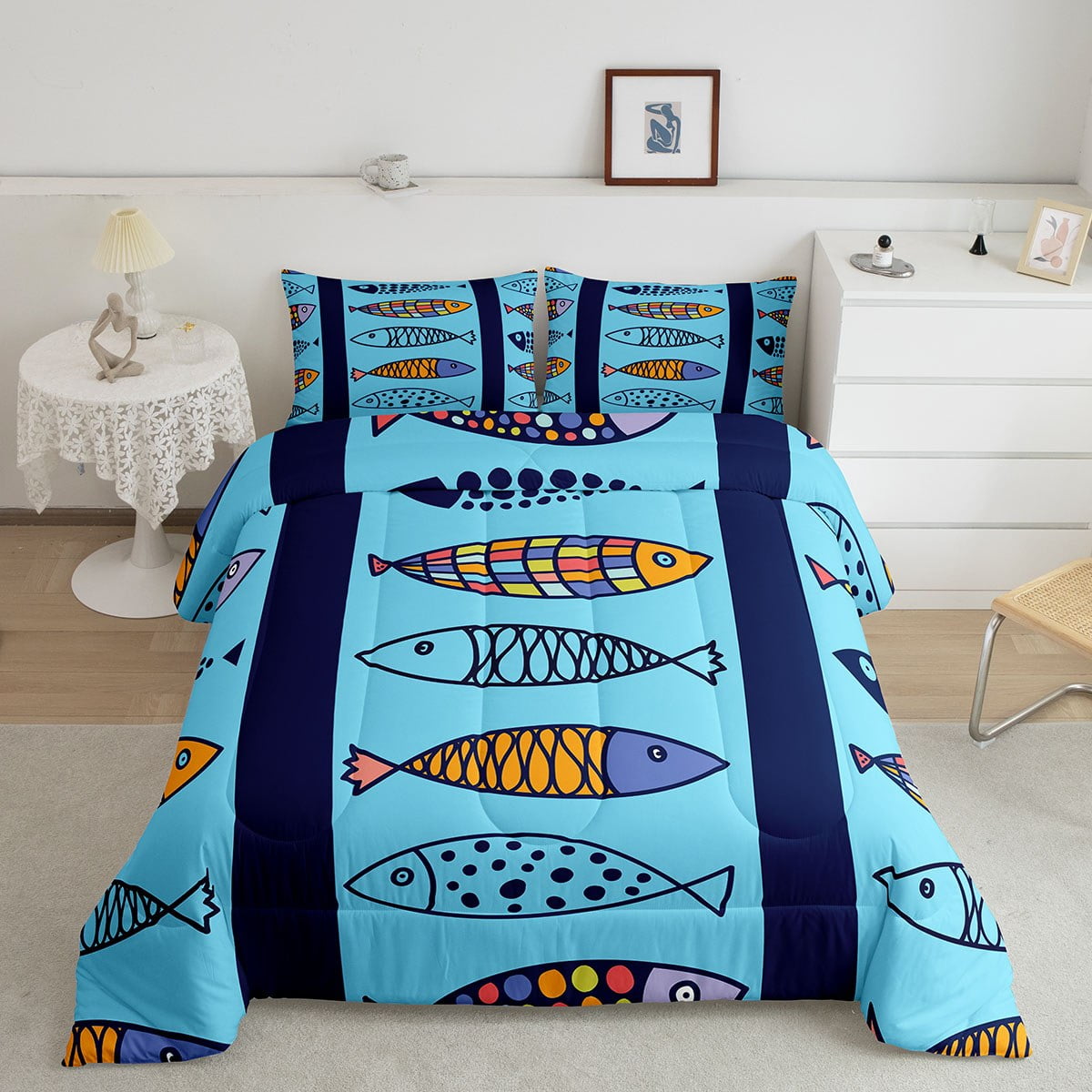 Geometric Fishes Comforter Set Queen 3 Piece, Marine Life Bedding Set ...