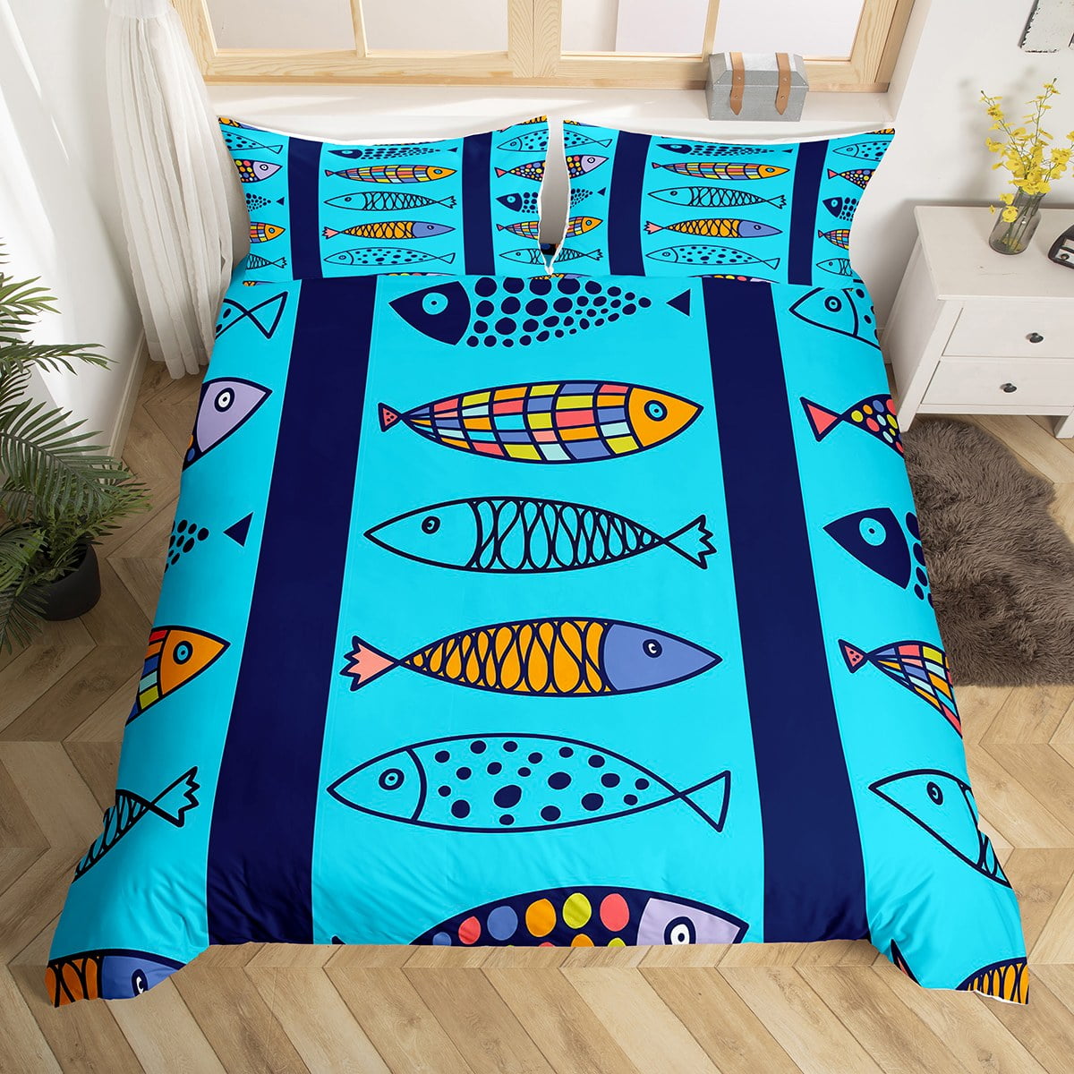 Geometric Fishes Duvet Cover Twin 2 Piece, Marine Life Comforter Cover ...