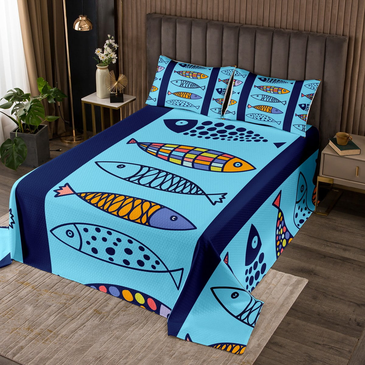 Geometric Fishes Quilt Set Twin 2 Piece, Marine Life Bedspread Set ...