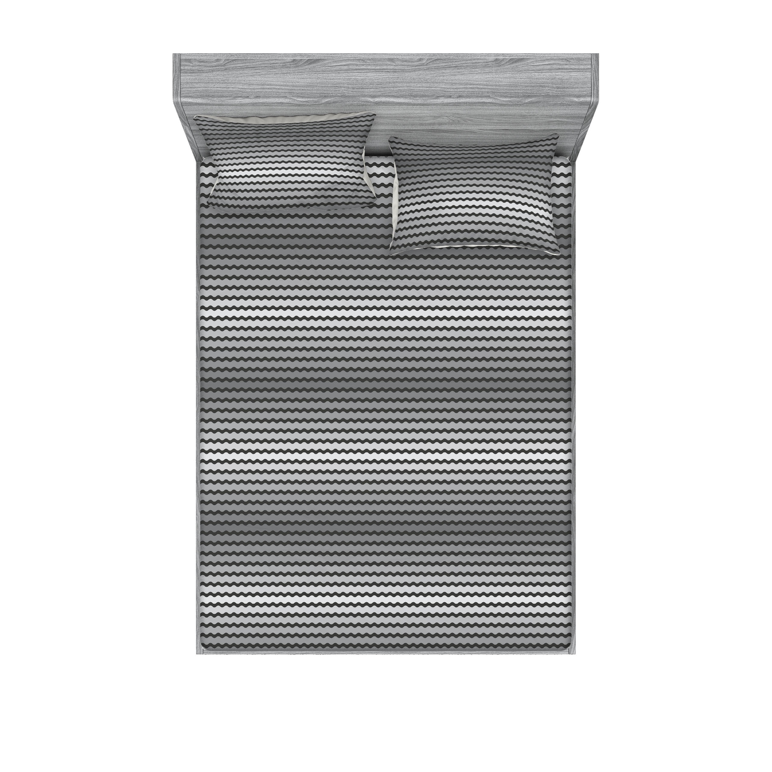 Geometric Fitted Sheet & Pillow Sham Set, Monochrome Abstract Grey Wave ...