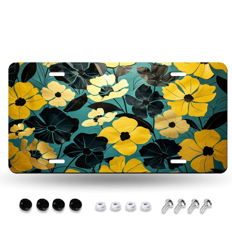 Geometric Floral Pattern in Yellow and Black License Plate Frame ...