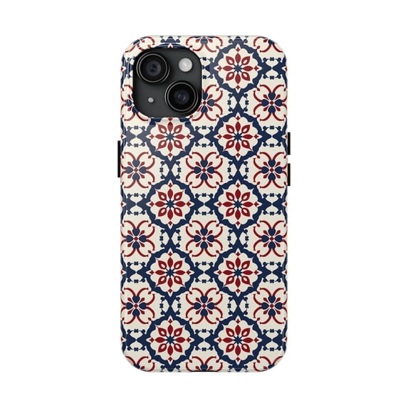 Geometric Floral Red White Blue Case for iPhone 11 12 13 14 15 16 17 ...