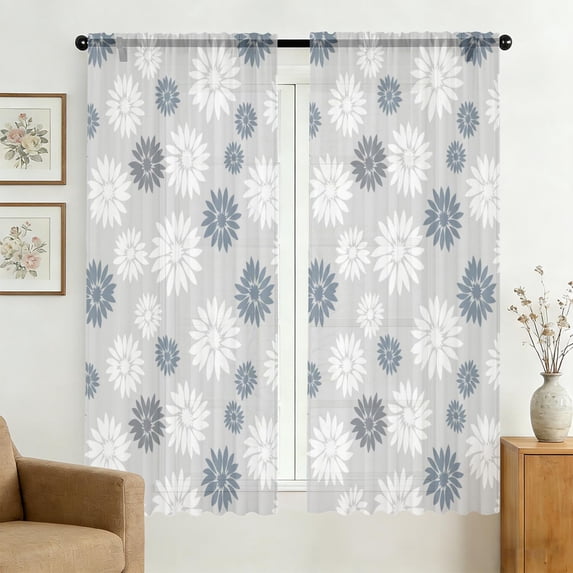 Geometric Flower and Daisy Gray Sheer Curtains, Rod Pocket Sheer Drapes ...