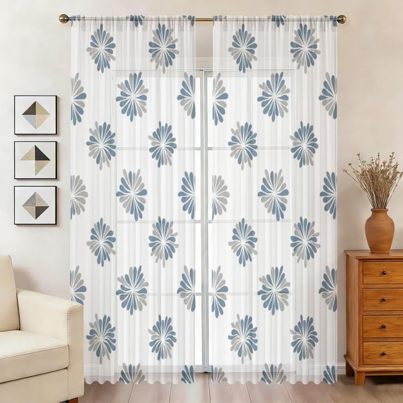 Geometric Flower and Daisy White Sheer Curtains, Rod Pocket Sheer ...