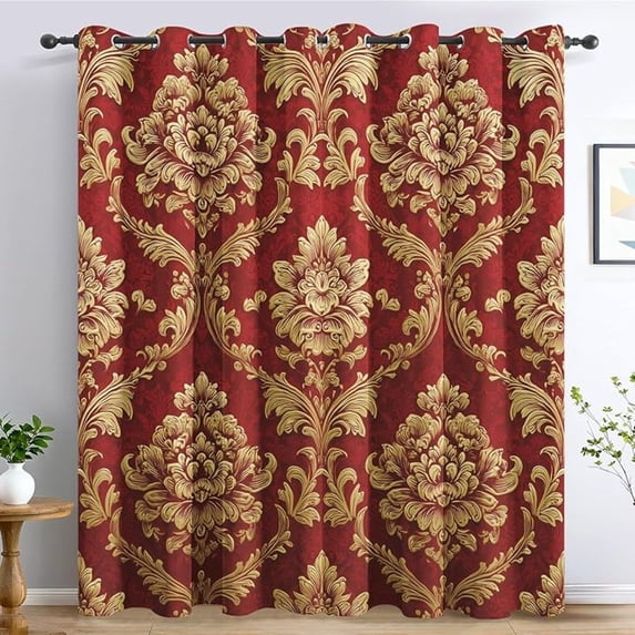 Geometric Flowers Curtains For Bedroom, Red Gold Blackout Curtains ...