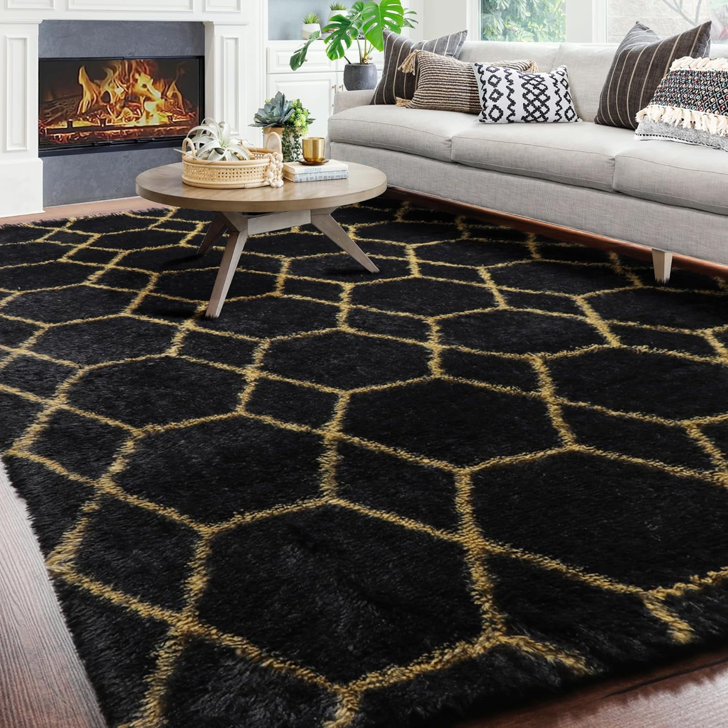 Geometric Fluffy Area Rug for Living Room Bedroom, 6x9 Black and Gold ...