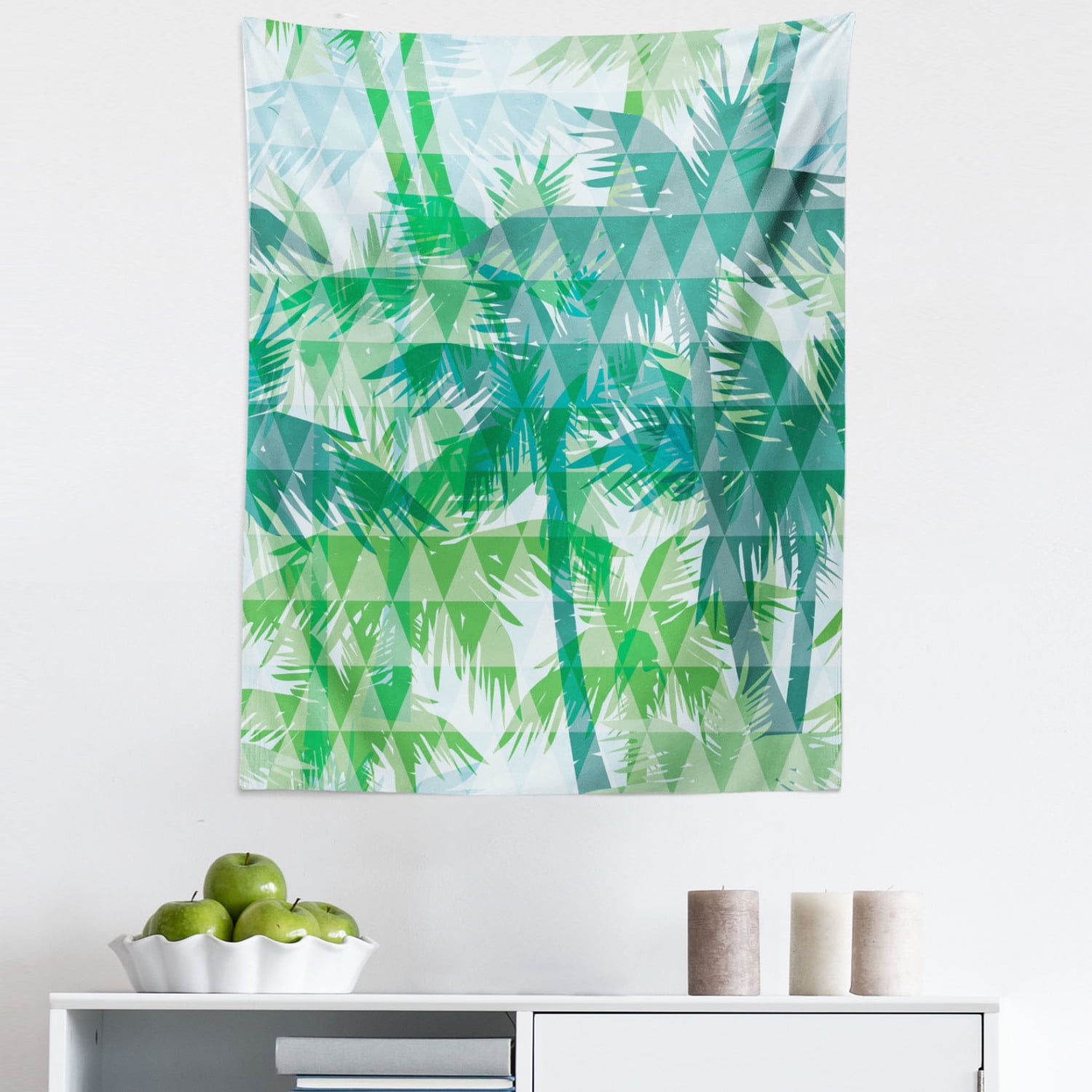 Geometric Forest Tapestry, Exotic Palm Trees Hawaii Foliage with Grid ...