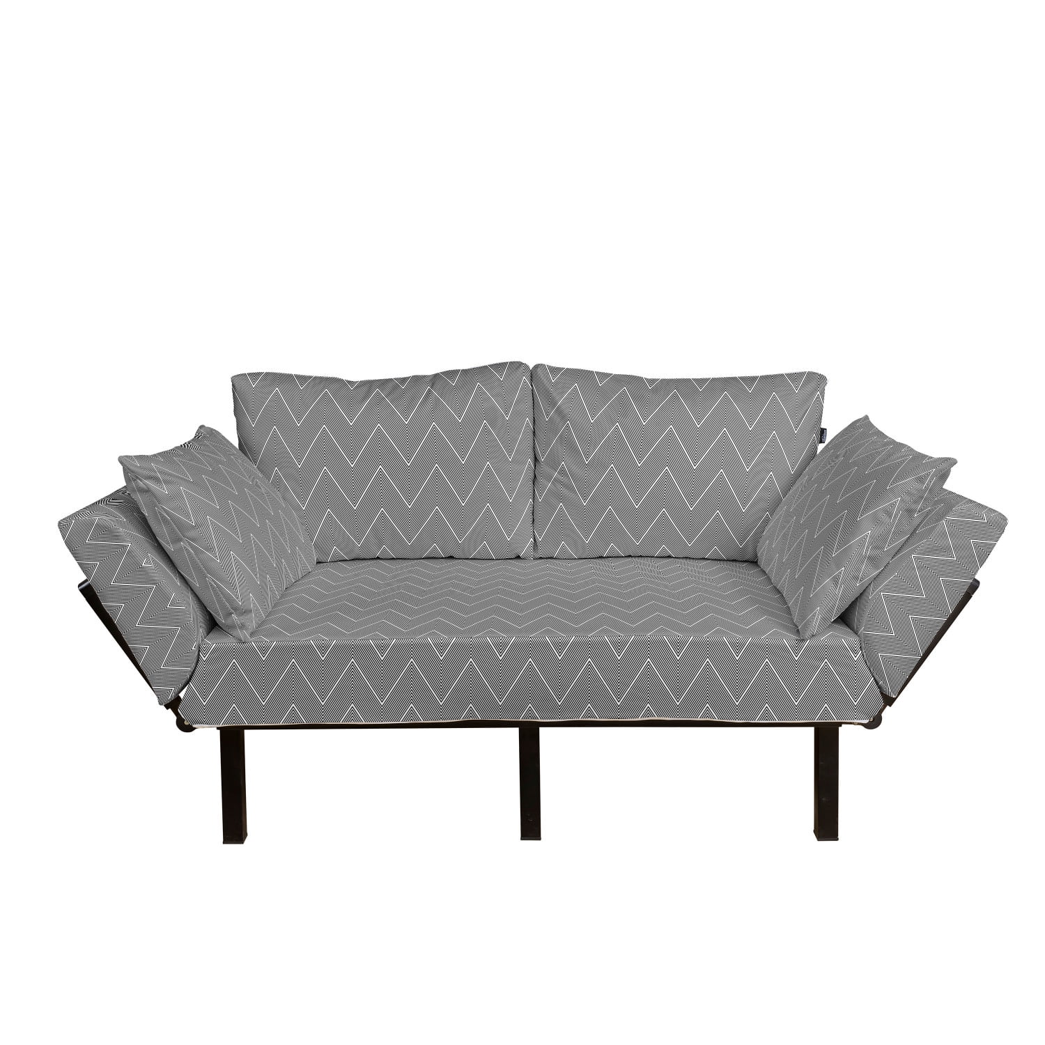 Geometric Futon Couch, Black and White Thin Zigzag Lines Horizontally ...