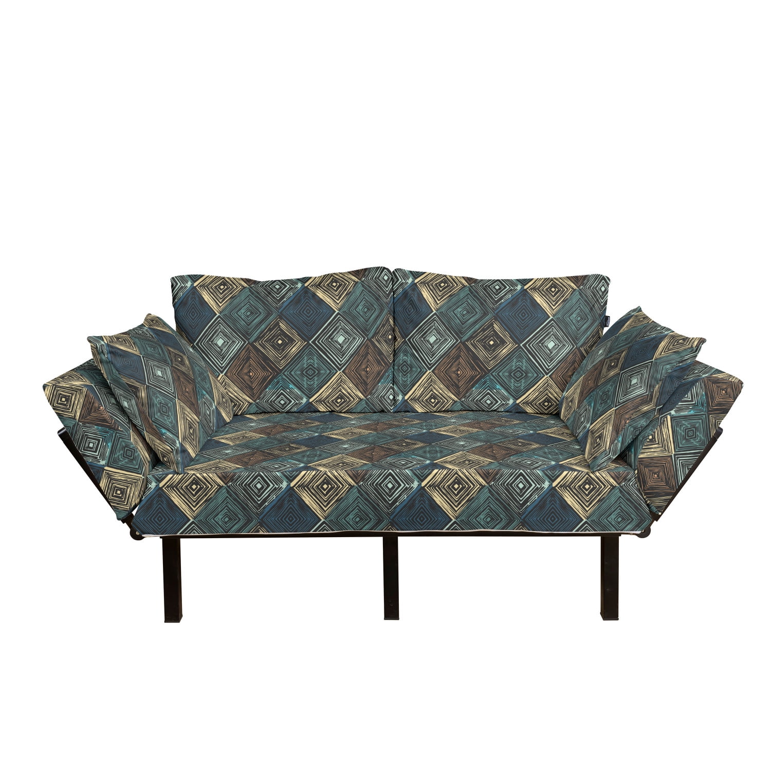 Geometric Futon Couch, Hand Drawn Rhombus Motifs in Retro Colors with ...