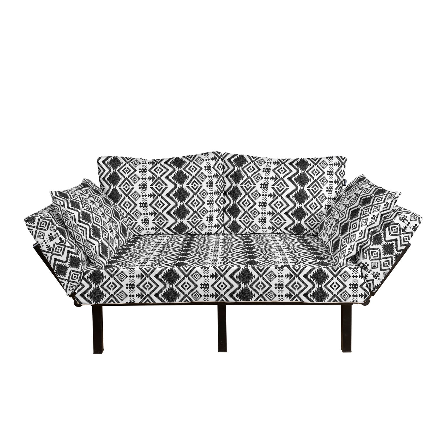 Geometric Futon Couch, Monochrome Hand Drawn Tribal Pattern Abstract ...