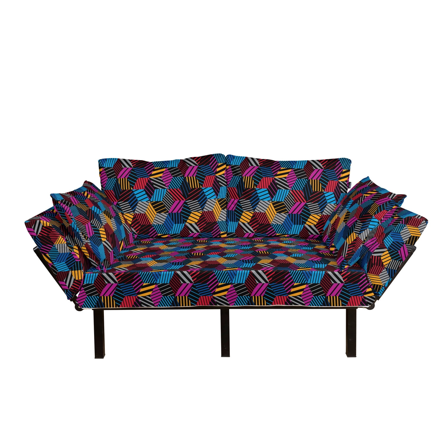 Geometric Futon Couch, Stripped 3 Dimensional Cube Pattern Vibrant ...