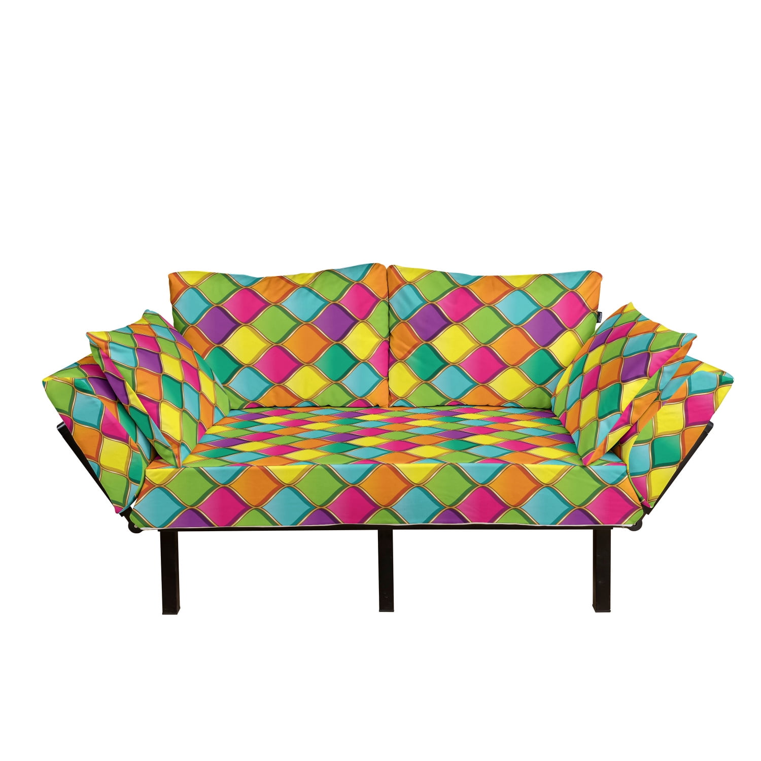 Geometric Futon Couch, Vivid Colored Stained Glass Style Pattern Wavy ...