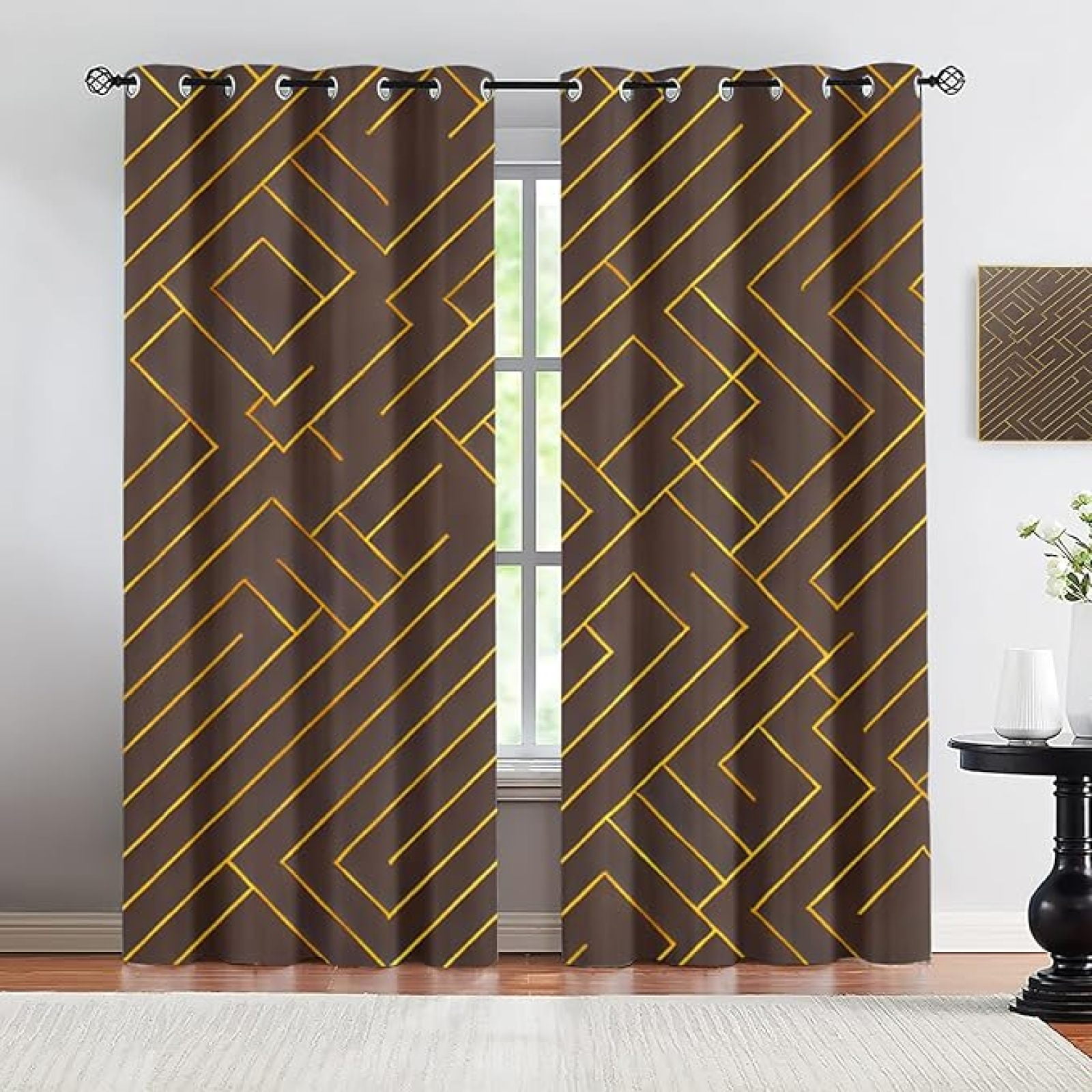 Geometric Golden Line Art Style Blackout Window Curtain, Modern ...
