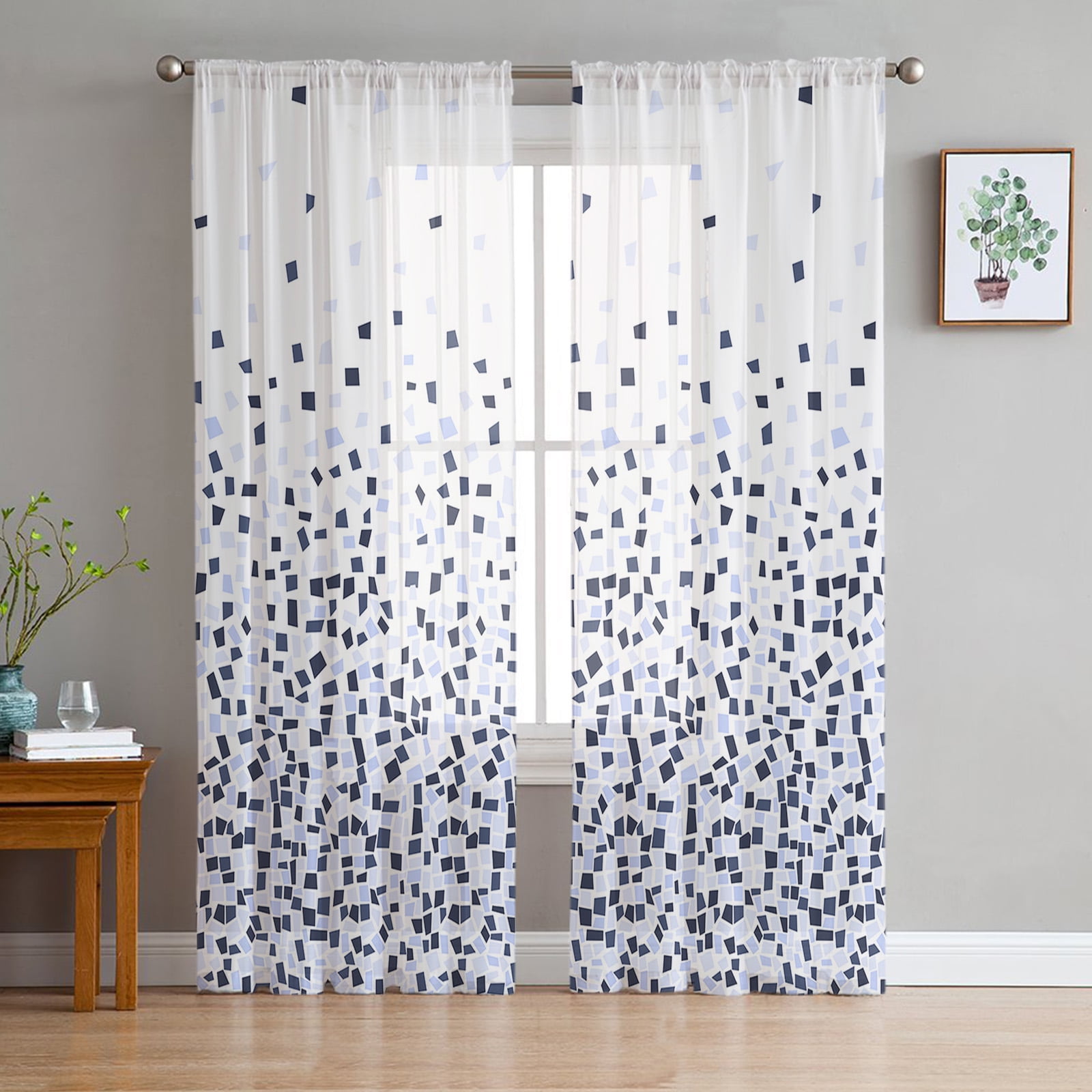 Geometric Gradient Navy Blue Tulle In Sheer Curtains For Living Room ...
