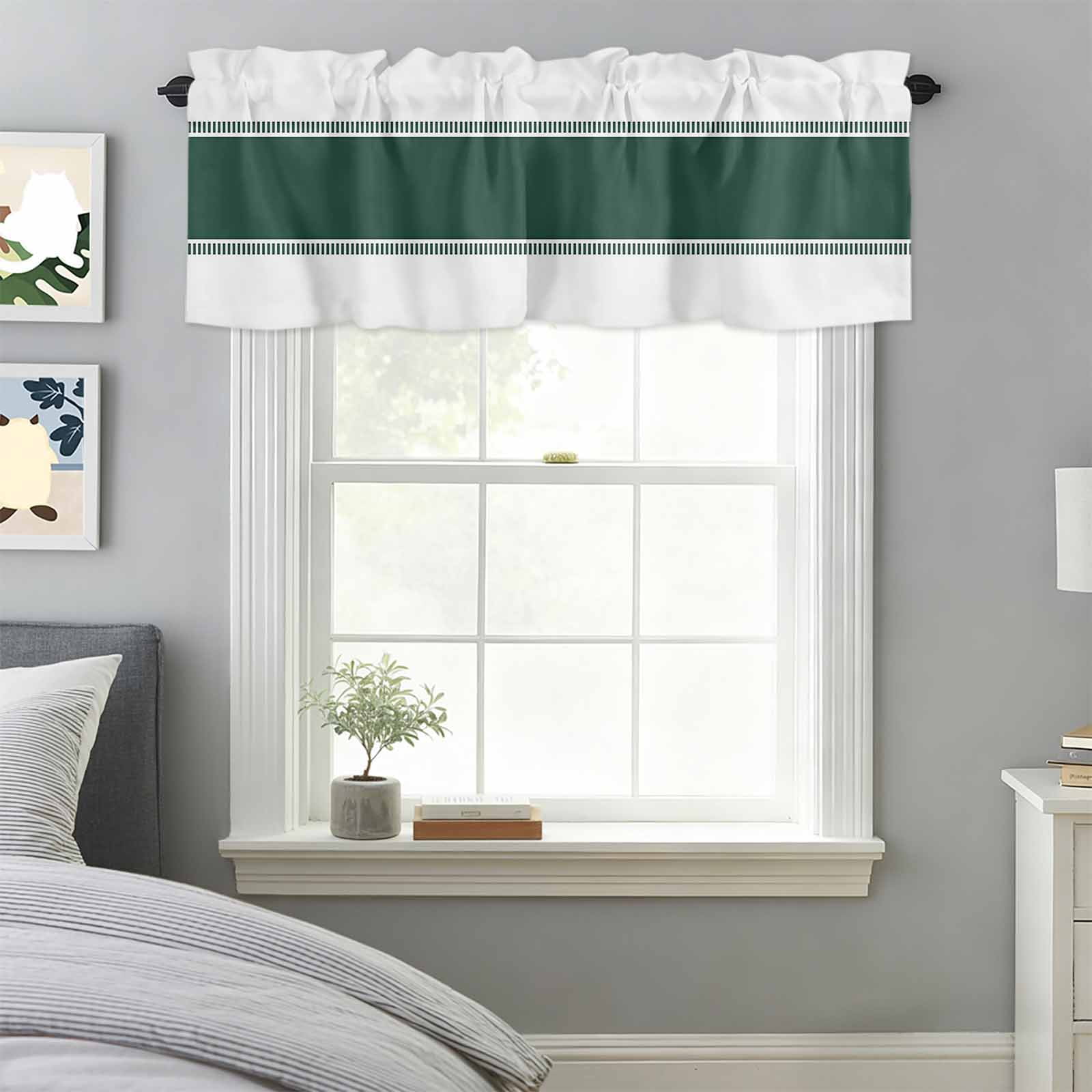 Geometric Green Stripe on White Valances for Windows,Rod Pocket Valance ...