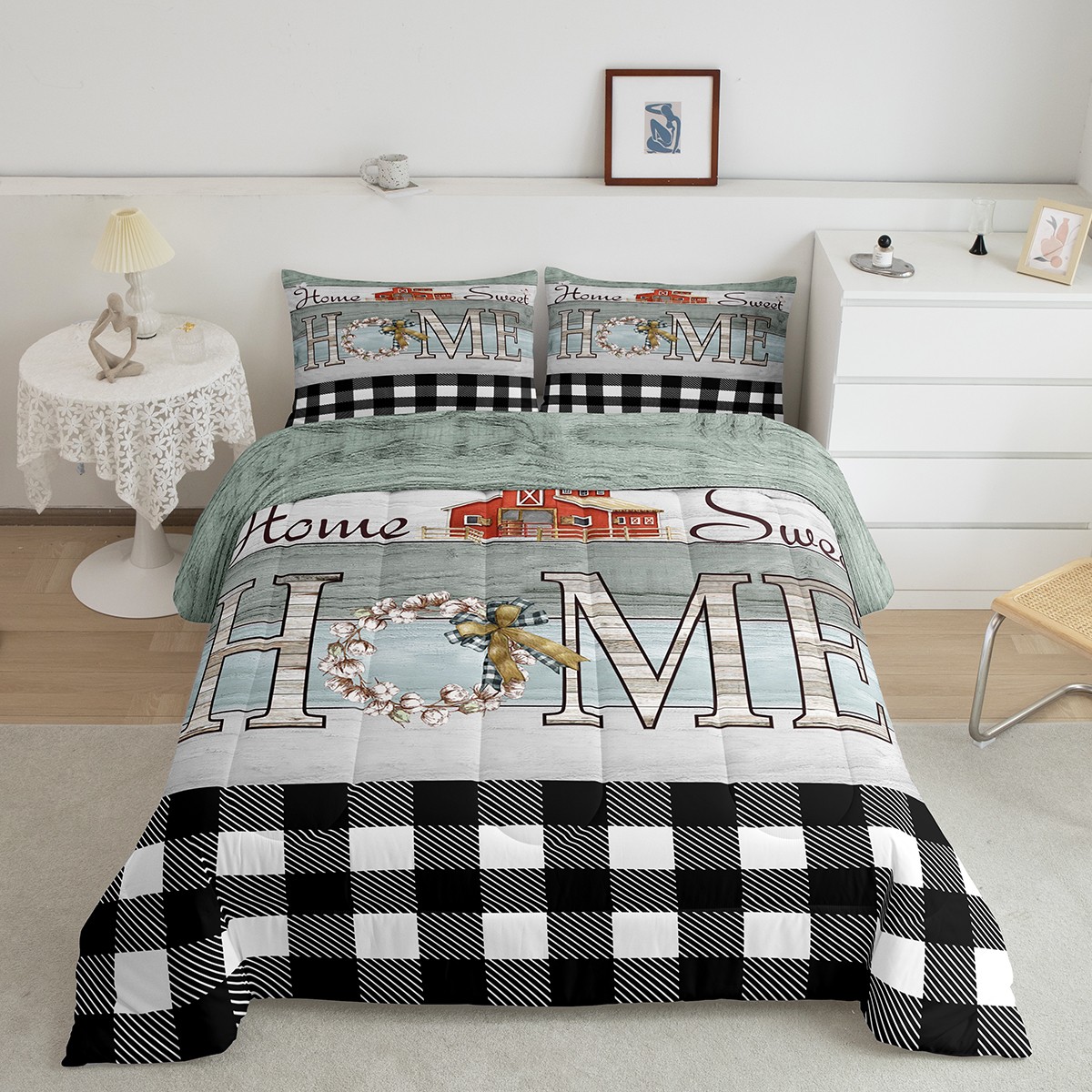 Geometric Grid Bedding Set Home Decor Comforter Set Twin,Black and ...