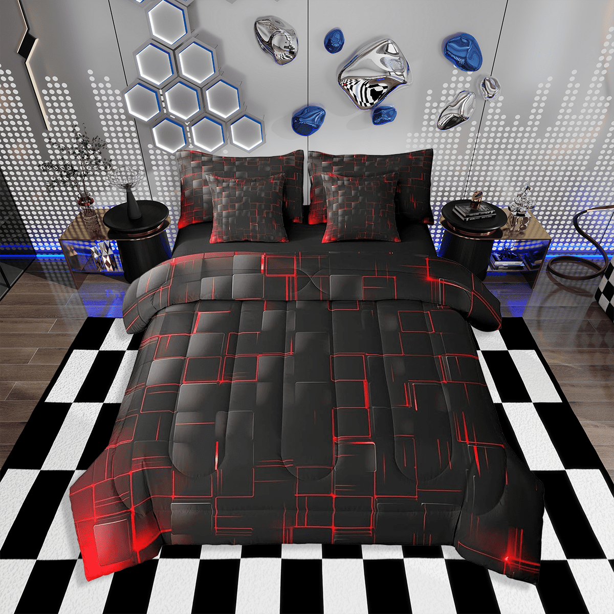 Geometric Grid Comforter Set 7 Pieces,Red and Black Checkered Bed Set ...