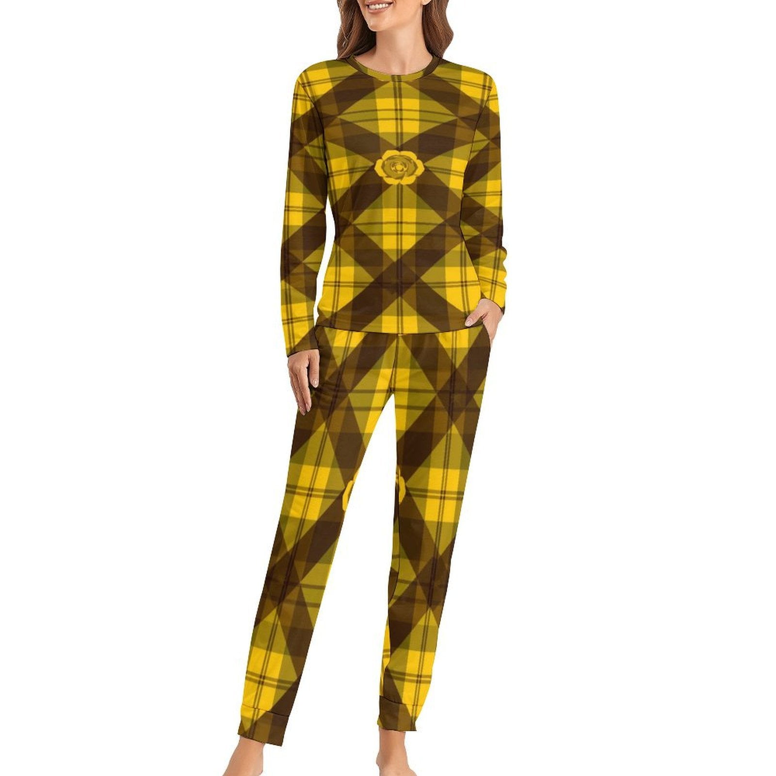 Geometric Grid Pajamas 2 Pieces Pajama Sets Woman Long Sleeve Night ...