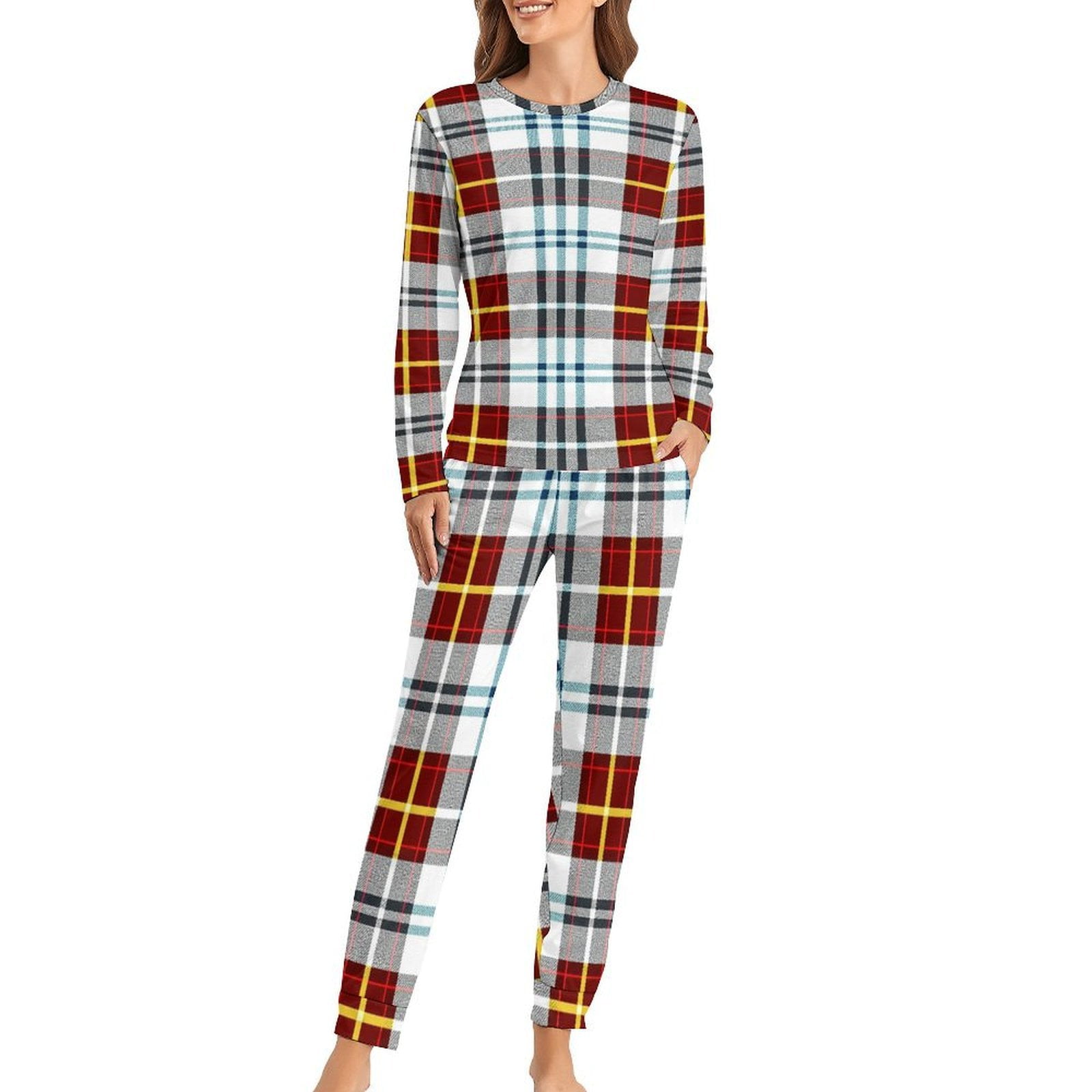Geometric Grid Pajamas Woman Nightwear Long Sleeve Two Piece Pajamas ...