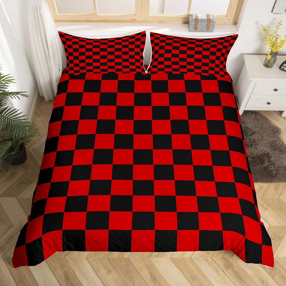 Geometric Grids Duvet Cover Twin Size Red And Black Checkered Bedding ...