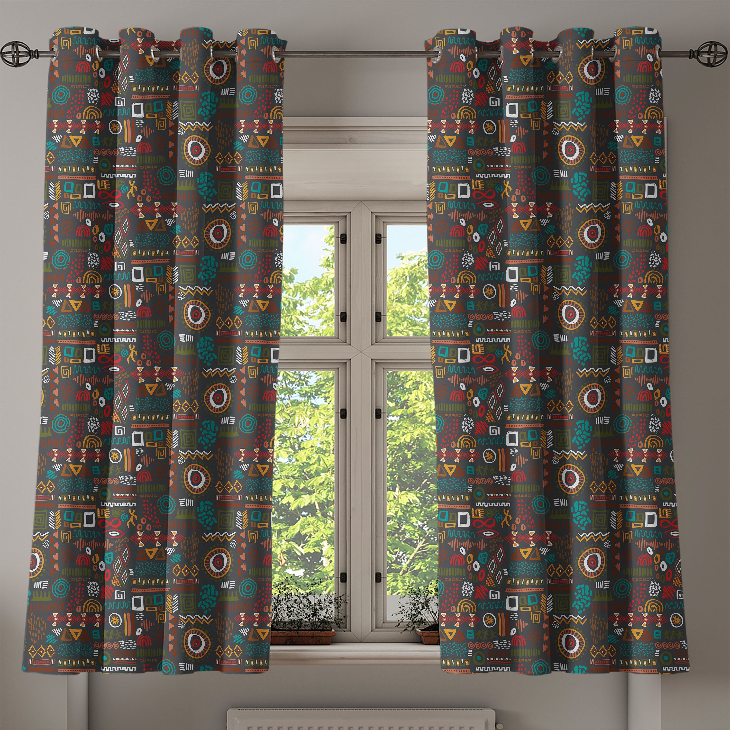 Geometric Grommet Curtain, Colorful Ethnic Pattern Indigenous Ikat ...