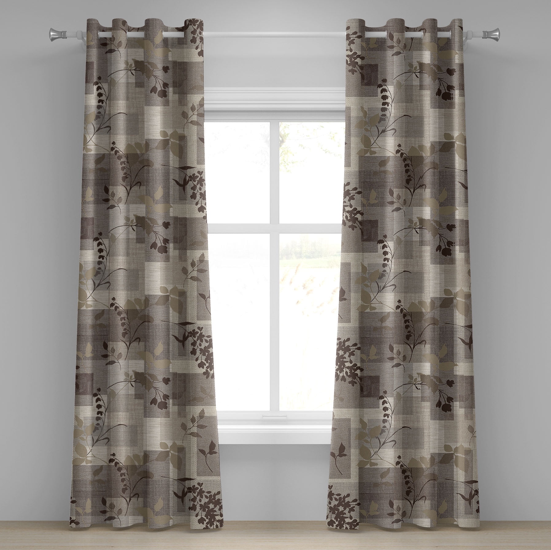Geometric Grommet Curtain, Illustrated Floral Pattern on Weathered Back ...