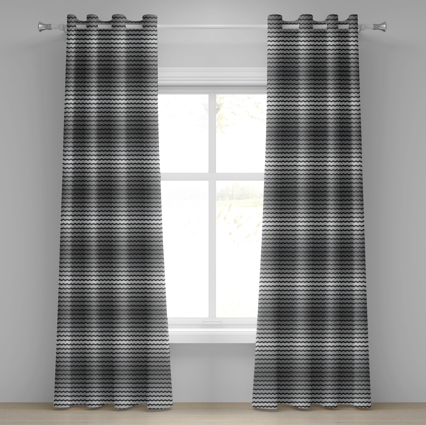 Geometric Grommet Curtain, Monochrome Abstract Grey Wave Pattern ...
