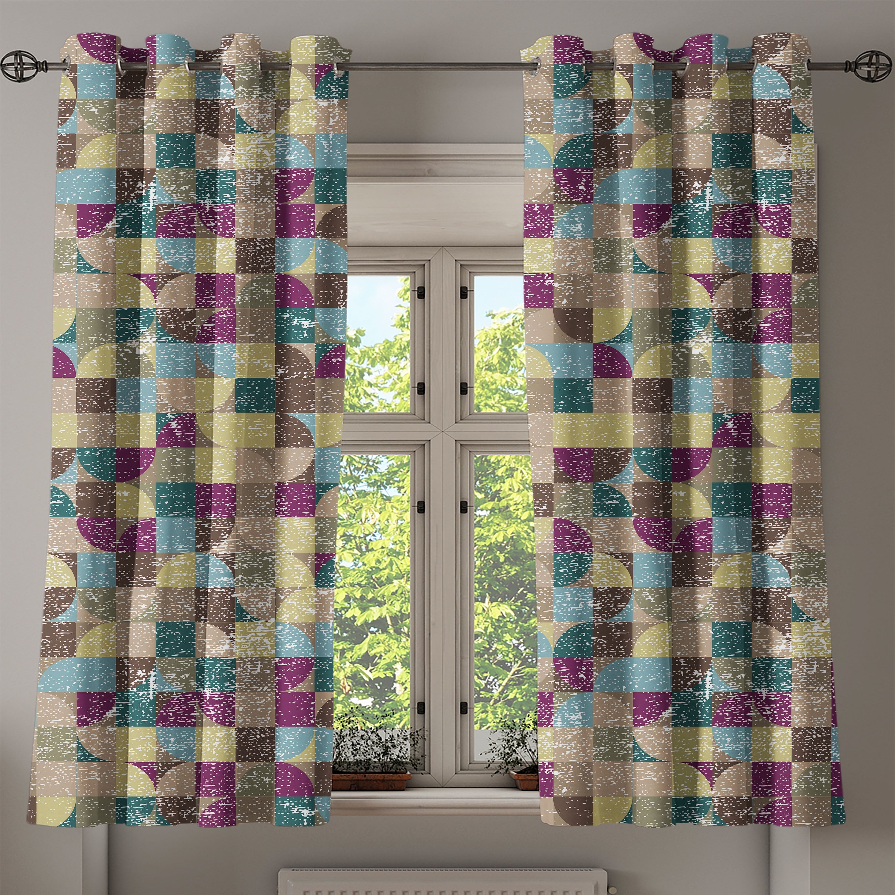 Geometric Grommet Curtain, Surreal Design Quadrant and Square Pattern ...