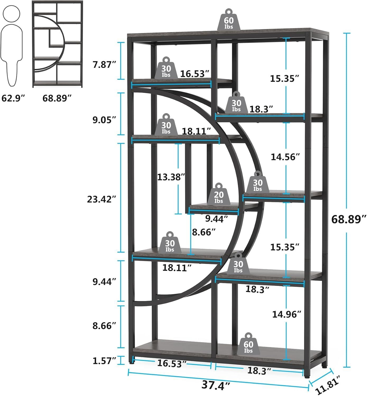 Geometric Half-Moon Bookshelf Industrial Etagere Bookcase with Black ...