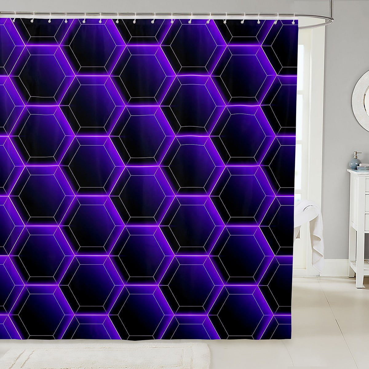 Geometric Hexagon Bath Curtain,Neon Blue Lilac Honeycomb Waterproof Bathroom Curtains Hexagonal ...