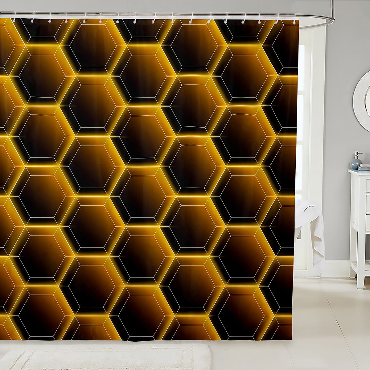 Geometric Hexagon Bath Curtain,Neon Orange Honeycomb Waterproof Bathroom Curtains Hexagonal ...