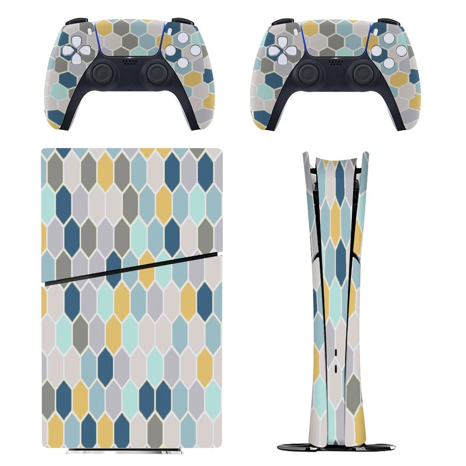 Geometric Hexagon Blue Grey Yellow Print Pattern PS5/PS5 Pro/PS5 Slim ...
