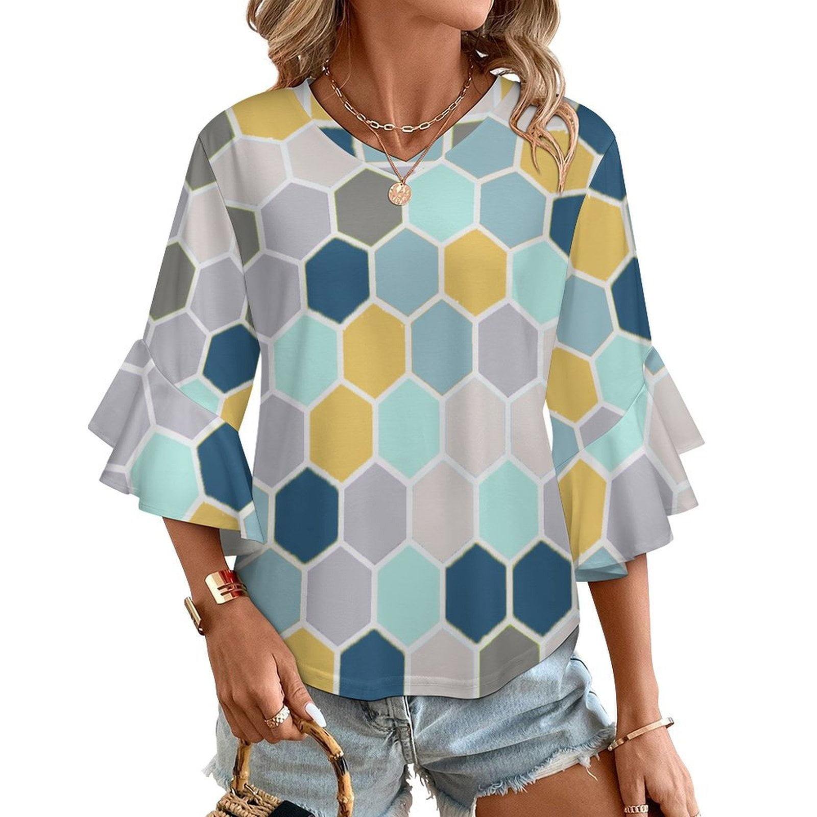 Geometric Hexagon Blue Grey Yellow Print Pattern Women's V-Neck Blouse ...