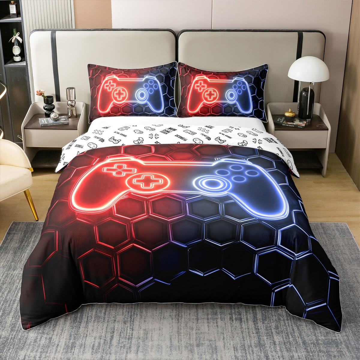 Geometric Hexagon Cotton Duvet Cover King,Red Blue Gaming Gamepad ...